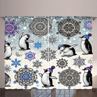 Abakuhaus Weihnachten Rustikaler Gardine, Tanzende Pinguine im Schnee, Schlafzimmer Kr&auml;uselband Vorhang mit Schlaufen und Haken, 280 x 225 cm, Elfenbein Violett