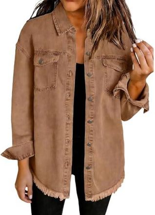 Generic Veste d&eacute;contract&eacute;e en jean &agrave; manches longues pour femme avec ourlet effiloch&eacute;, marron, XXL
