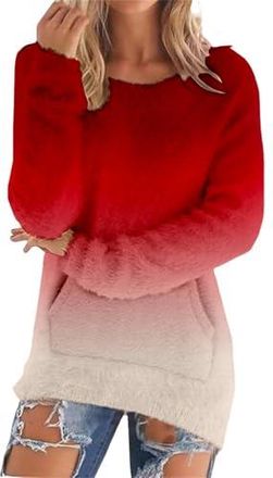 Generic Pull en polaire uni à manches longues pour femme, pull tricoté à col rond, chandail dautomne et dhiver, pull léger pour femme, couleur unie, doux et c