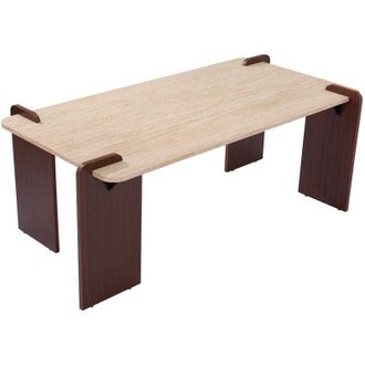 Menzzo Table basse au design Art D&eacute;co Cezanne 60x120cm Effet travertin Beige et Bois fonc&eacute;