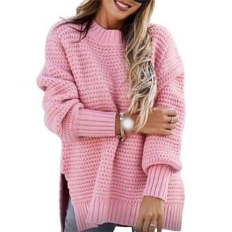 Generic Pull surdimensionn&eacute; en tricot &eacute;pais &agrave; manches longues et col montant, fente lat&eacute;rale, tricot c&ocirc;tel&eacute; confortable, rose, XL