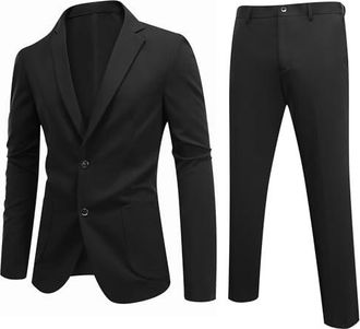 AlltheMen Costume Homme 2 Pièces Elastique Blazer Pantalon Business Casual Smoking Mariage Fête Noir S