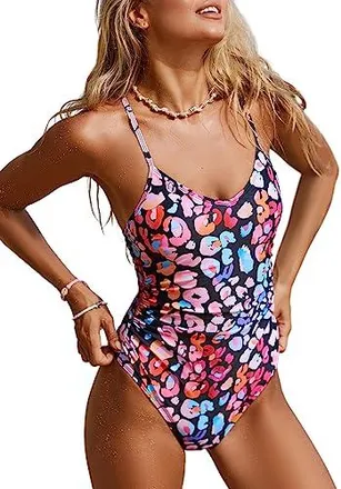 Cupshe Maillot de bain une pièce pour femme - Col en V - Contrôle du ventre - Volants - Découpes décoratives - Léopard rose XL