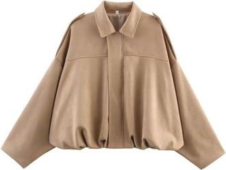 Generic Blouson bomber court d&eacute;contract&eacute; en daim synth&eacute;tique pour femme, col &agrave; revers, surdimensionn&eacute;, tendance, kaki, XXL