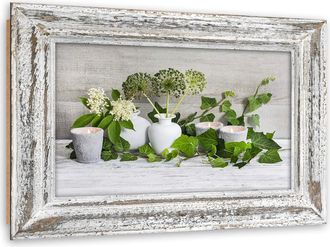 Feeby Wandbild Blätter Kerzen Vasen 60x40 cm Modern Deko Kunst Bilder rustikale Rahmen Illusion Grün