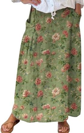 Generic Jupe longue en lin avec poches pour femme, Vert, XXL