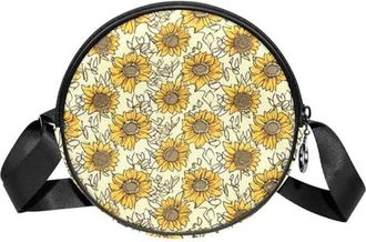 Generic Petit sac &agrave; bandouli&egrave;re rond pour femme, motif tournesol avec fermeture &eacute;clair, bretelles r&eacute;glables, style d&eacute;contract&eacute;, pour femmes et filles