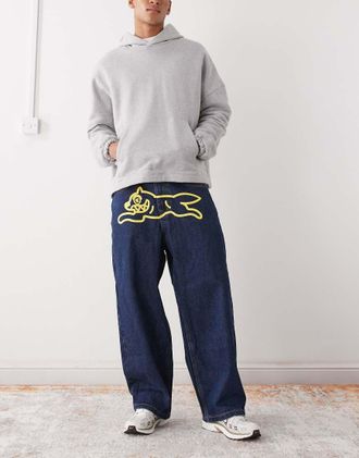 Icecream Triple Scoop - Jean ample &agrave; imprim&eacute; chien qui court - Bleu fonc&eacute; d&eacute;lav&eacute;