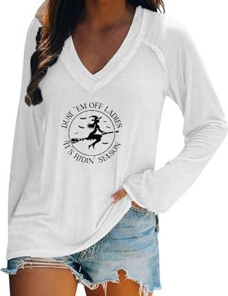 FNKDOR Pull Shirt Femme D&eacute;bardeurs Basique T-Shirts Col en V Profond Sweat-Shirts Imprim&eacute; Blouses &agrave; Manches Longues L&acirc;ch&eacute; Chic Tee-Shirt Grande Taille Tuniqu