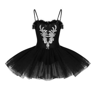 TiaoBug Damen Ballettkleid Schwanensee Tanz Kost&uuml;m Ballett Trikot mit Spaghettitr&auml;ger Tanzkleid Ballettanzug mit T&uuml;ll Tutu Rock gr. S M L XL XXL Schwarz XXL