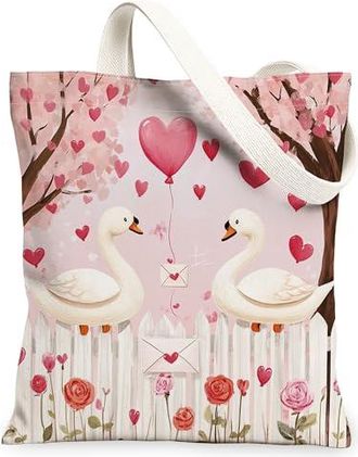 Generic Sac fourre-tout en toile avec motif cygne pour le shopping, 33 x 38 cm, sac &agrave; bandouli&egrave;re r&eacute;utilisable pour femme, peinture florale, d&eacute;coration cadeau