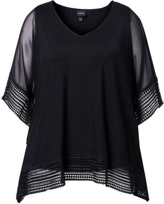 Ulla Popken Druckbluse Mesh-Bluse Spitzenkanten Oversized V-Ausschnitt