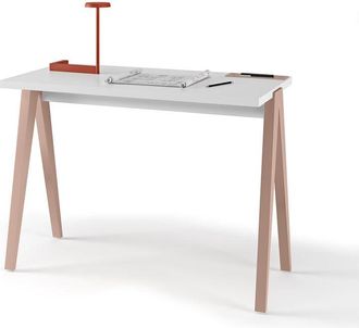 HERDASA Bureau, modèle COLMAR, en mélamine avec pieds en hêtre massif laqués. Blanc et Rose