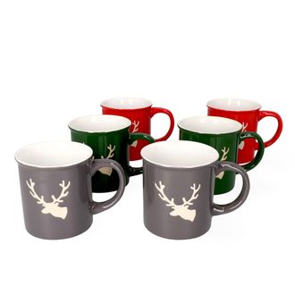 MamboCat 6-er Kaffee-Becher-Set Hirsch zylindrisch Weihnachten I Keramik-Tasse gro&szlig; mit Hirschkopf - 2X Rot Gr&uuml;n Grau I gro&szlig;e Jumbo-Tee-Tasse - Tea; Coffee Mug