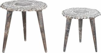 Beliani Beliani - Beistelltisch 2er Set Dunkelbraun & Cremeweiß Mango Holz Rund Dreibeinig Geschnitzt Handgefertigt Boho Couchtisch Wohnzimmer Ausstattung