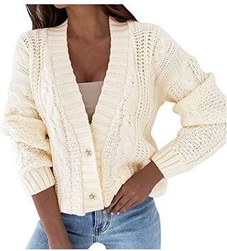 Generic Vestes pour femmes 2026 cardigan col en V p&acirc;te frite manches longues pull mince veste tendance, beige, Taille unique
