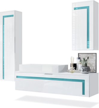 Vladon Badmöbel Komplettset Aloha, Made in Germany, Korpus in Weiß matt/Fronten in Weiß Hochglanz mit Absetzungen in Petrol Hochglanz, mit Aufsatzwaschbecken