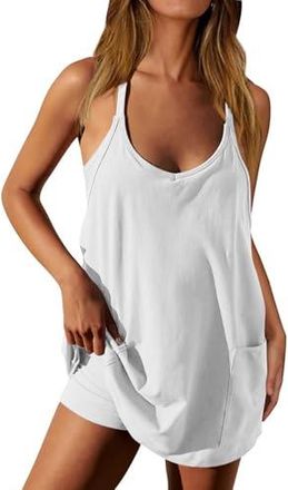 Generic Combinaison d&eacute;t&eacute; en coton pour femme - Salopette courte sans manches pour femme - Combinaison avec poches lat&eacute;rales et short - Salopette d&eacute;t&eacute; sans man