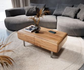 DELIFE Couchtisch Anaya 100x50 cm Akazie Natur 2 Schubladen L-Fu&szlig; Edelstahl, Couchtische