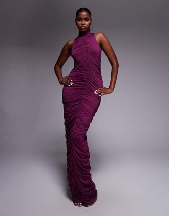 Aria Cove Doppellagiges, eng anliegendes Maxikleid in Pflaume mit hohem Ausschnitt und Knotendetails vorne-Lila