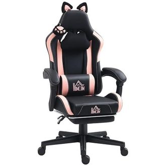 HOMCOM Fauteuil gaming HOMCOM, fauteuil gaming ergonomique avec soutien lombaire, repose-pieds, avec oreilles de chat, oreiller, chaise de bureau r&eacute;glable en