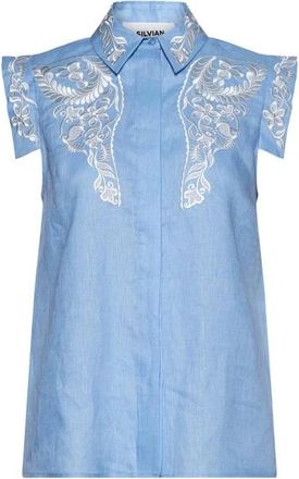Silvian Heach Femme, Blouses et Chemises, Bleu, Taille: 42 FR Camicia ricami ornamentali