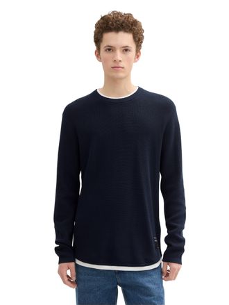 Tom Tailor Herren 1043019 Basic Pullover mit Rundhalsausschnitt & Struktur, 10668-Sky Captain Blue, XL