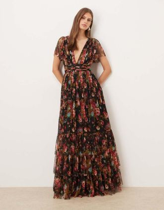 Lace & Beads Madison - Robe longue &agrave; manches &eacute;vas&eacute;es et imprim&eacute; fleuri - Noir