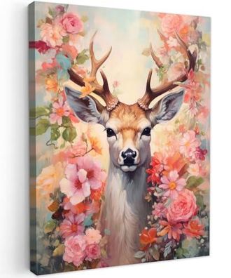 MuchoWow &copy; Impression sur Toile Peinture 50x70 cm Tableau Mural Decoration Salon Reproductions de Tableaux Murale Moderne Cerf - Fleurs - Animaux de la for&ecirc;t -