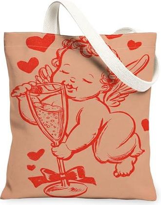 Generic Sacs fourre-tout r&eacute;utilisables en toile avec motif coeur pour la Saint-Valentin, l&eacute;gers et lavables, p&ecirc;che, 13x15 Inch