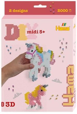 Hama coffret suspendu licornes | env. 2000 perles &agrave; repasser | 1 plaque hexagonale, 4 supports de perles et 1 connecteur | fiche design couleur, instructio