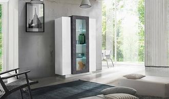 Dmora Anzeigefenster Kevin, Sideboard mit drei Türen, Mehrzweck-Wohnzimmermöbel, 100 % Made in Italy, 80 x 38 x 121 cm, glänzendes Weiß und Schiefer