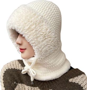 Generic Chapeau &eacute;charpe coupe-vent pour femme, bonnet 3 en 1 avec &eacute;charpe et masque, cagoule dhiver, cache-cou tricot&eacute; chaud pour le cyclisme, blanc, Taille u