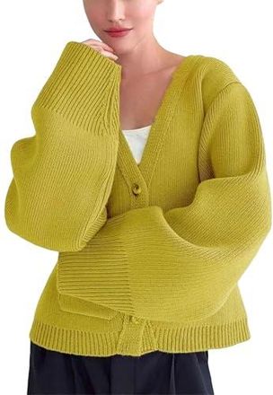 Generic Cardigan en tricot &agrave; manches longues et col en V pour femme, jaune, Taille XS