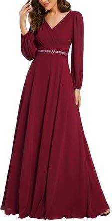 Ever-pretty Robe de Soirée Femme Longue Invité Mariage Mousseline Manches Longues Col V A Line Chic Bordeaux 38