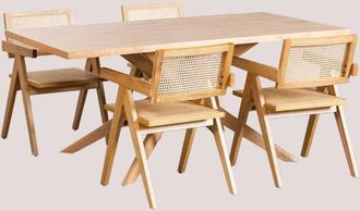 Sklum Rechteckiges Esstisch-Set (180 x 90 cm) Arnaiz und 4 Stühle mit Armlehnen aus Fresno-Holz und Rattan im Lali Style Braun Natur - Sklum