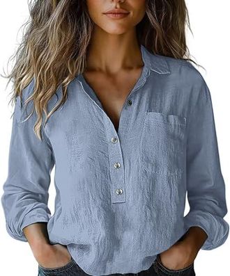 Generico Chemise Femme d&Eacute;t&eacute; &Eacute;l&eacute;gant &agrave; Manches Longues T Shirt Coton Et Lin Curvy Respirant Chemisier Col en V L&eacute;ger Blouse Vintage Imprim&eacute; Boutons Mode Chemise