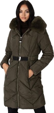 Lovedrobe Womens Winter Jacket Ladies Coat Quilted Padded Faux Fur Hood Belted Puffa Zip Front Pockets Puffer Outerwear, Khaki, 52