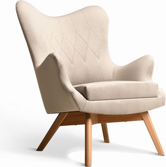 MG Design Ohrensessel aus Samt in Beige - Bequemer Polstersessel mit Holzbeinen, hoher R&uuml;ckenlehne & weichem Samtbezug f&uuml;r Wohnzimmer oder Schlafzimme