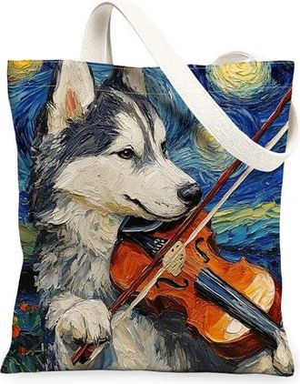 Generic Alaskan Malamutes Sac fourre-tout en toile r&eacute;utilisable pour faire du shopping 33 x 38,1 cm, motif violon &eacute;toil&eacute;, sac d&eacute;picerie pour femme, animal de 
