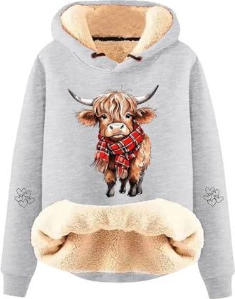 Generic Sweat &agrave; capuche &agrave; manches longues avec cordon de serrage doubl&eacute; en polaire pour femme Motif vache Highland, gris, 3XL
