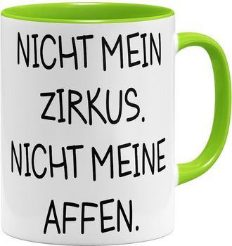 OM3 lustige Kaffee-Tasse mit Spruch - Nicht mein Zirkus nicht meine Affen - Statement B&uuml;rotasse II | Keramik Becher | 325ml | Beidseitig Bedruckt | Hellgr
