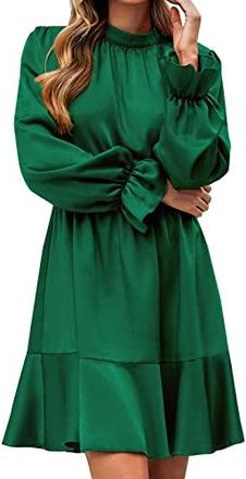 Generic Robe amincissante &agrave; manches longues et col rond pour femme - Couleur unie - Coupe ajust&eacute;e, vert militaire, L