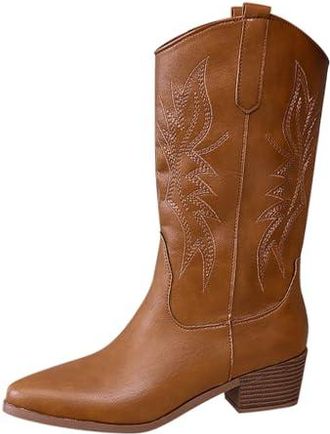 Generic Bottes Longues Femme Bout Pointu Talon Bloc R&eacute;tro Brod&eacute;es Bottes De Cowboy En Cuir L&eacute;g&egrave;res Tendance Chaussures Femmes Antid&eacute;rapant Confortables Automn