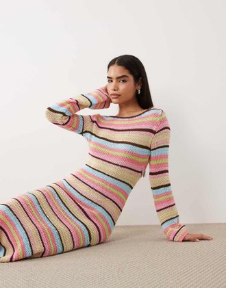 Kiwi & Co Robe longue de plage en maille &agrave; rayures avec manches &eacute;vas&eacute;es et dos ouvert - Multicolore