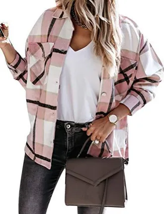 TOMWELL Veste a Carreaux Femme Surchemise en Laine Femme Veste a Carreaux Chemise Décontracté Oversized Femme Blouse A Rose M