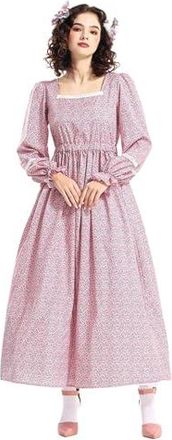 Generic Robe midi pour femme, motif floral de prairie coloniale, pèlerin, guerre civile, col carré, petit imprimé, robe trapèze pour Halloween, charmante, vin