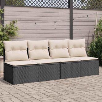 vidaXL Gartensofa mit Kissen 4-Sitzer Schwarz Poly Rattan - Vidaxl