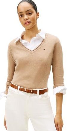 Tommy Hilfiger Pull Femme Soft Wool avec Col en V, Beige (Safari Canvas Heather), S