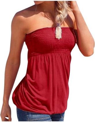 Generic Haut bandeau long sans bretelles pour femme - Haut tube sexy - Bustier pliss&eacute; dos nu - Joli bustier fronc&eacute; &agrave; &eacute;paules d&eacute;nud&eacute;es - Tenue d&eacute;t&eacute; pour rendez